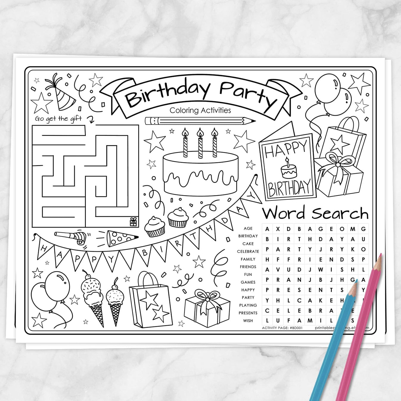 Birthday Party Coloring Sheet | Printable Kids Activity PDF – Printable ...