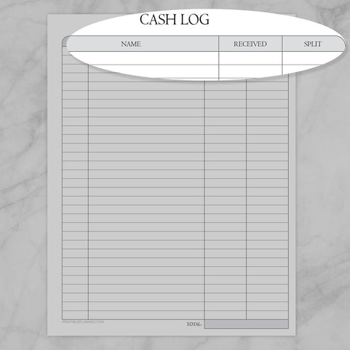 Cash Log with Received and Split Columns | Printable PDF – Printable ...