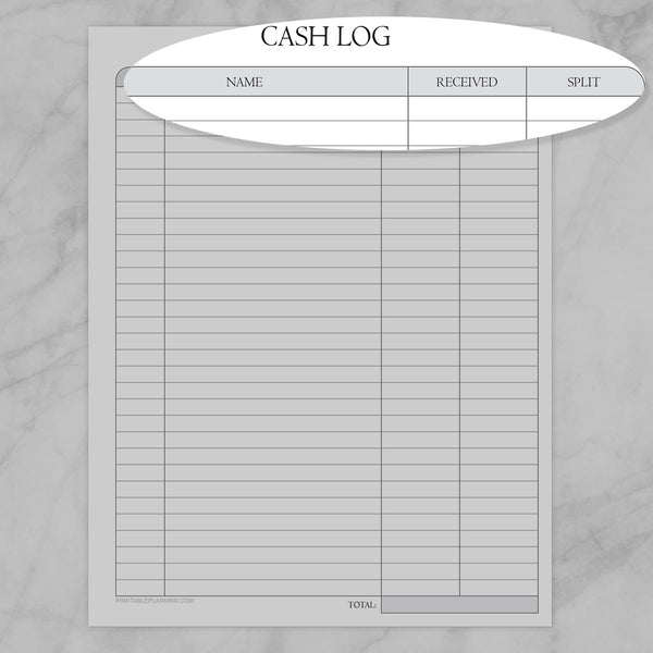 Cash Log with Received and Split Columns | Printable PDF – Printable ...