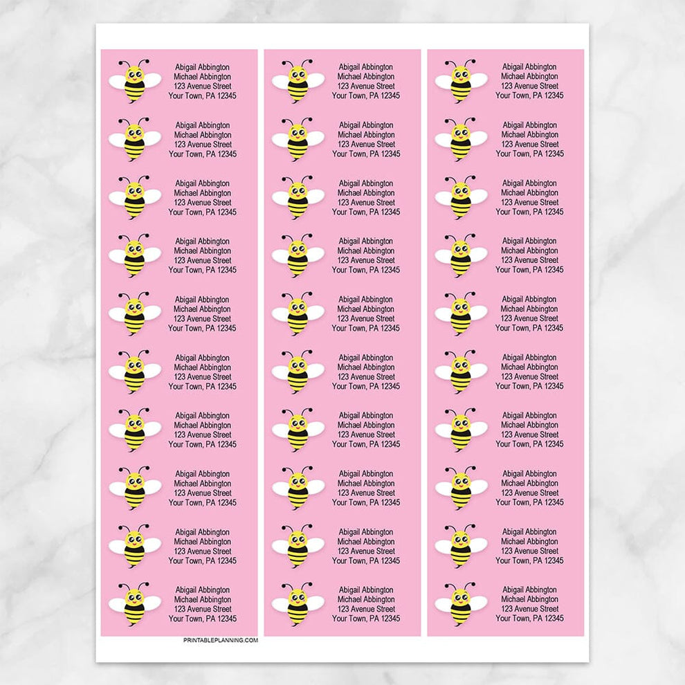 Cute Pink Bee Address Labels - Printable at Printable Planning for only ...