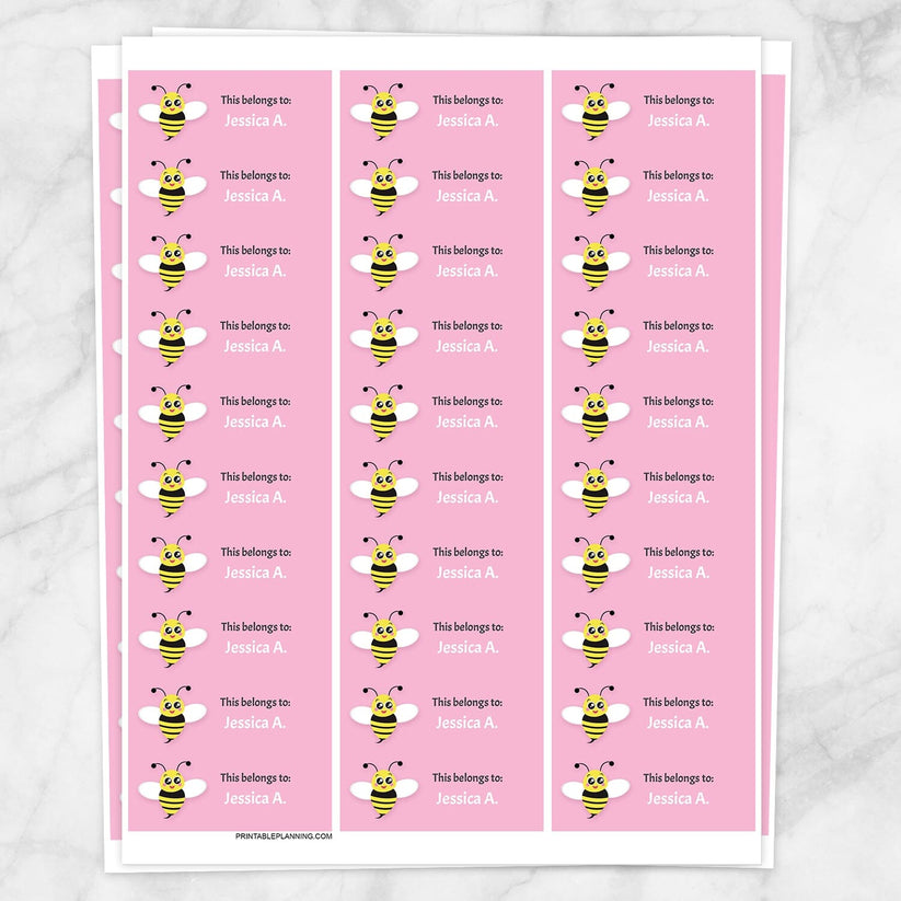 Cute Pink Bee Name Labels for School Supplies - Printable – Printable ...