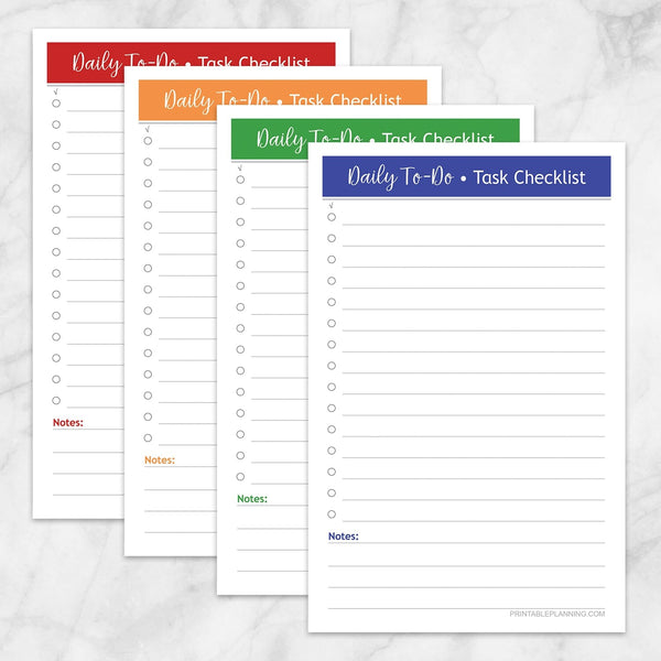 Daily To-Do Lists - 2 Per Page - Task Checklists BUNDLE in 4 Bold Colo ...