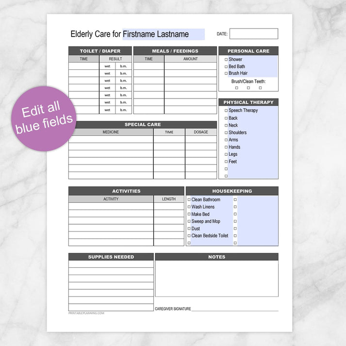 Elderly Care, Daily Care Sheet with Housekeeping - Printable ...