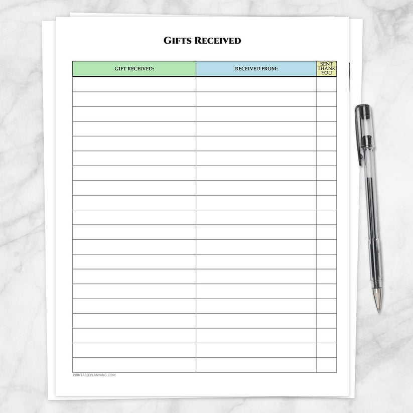 Gifts Received List - Occasion Organizer - Printable at Printable ...