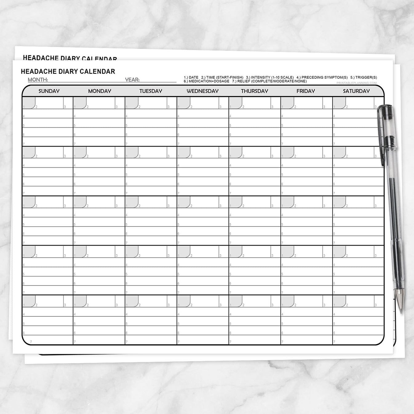 Headache Diary Calendar | Printable Migraine Tracker PDF – Printable ...