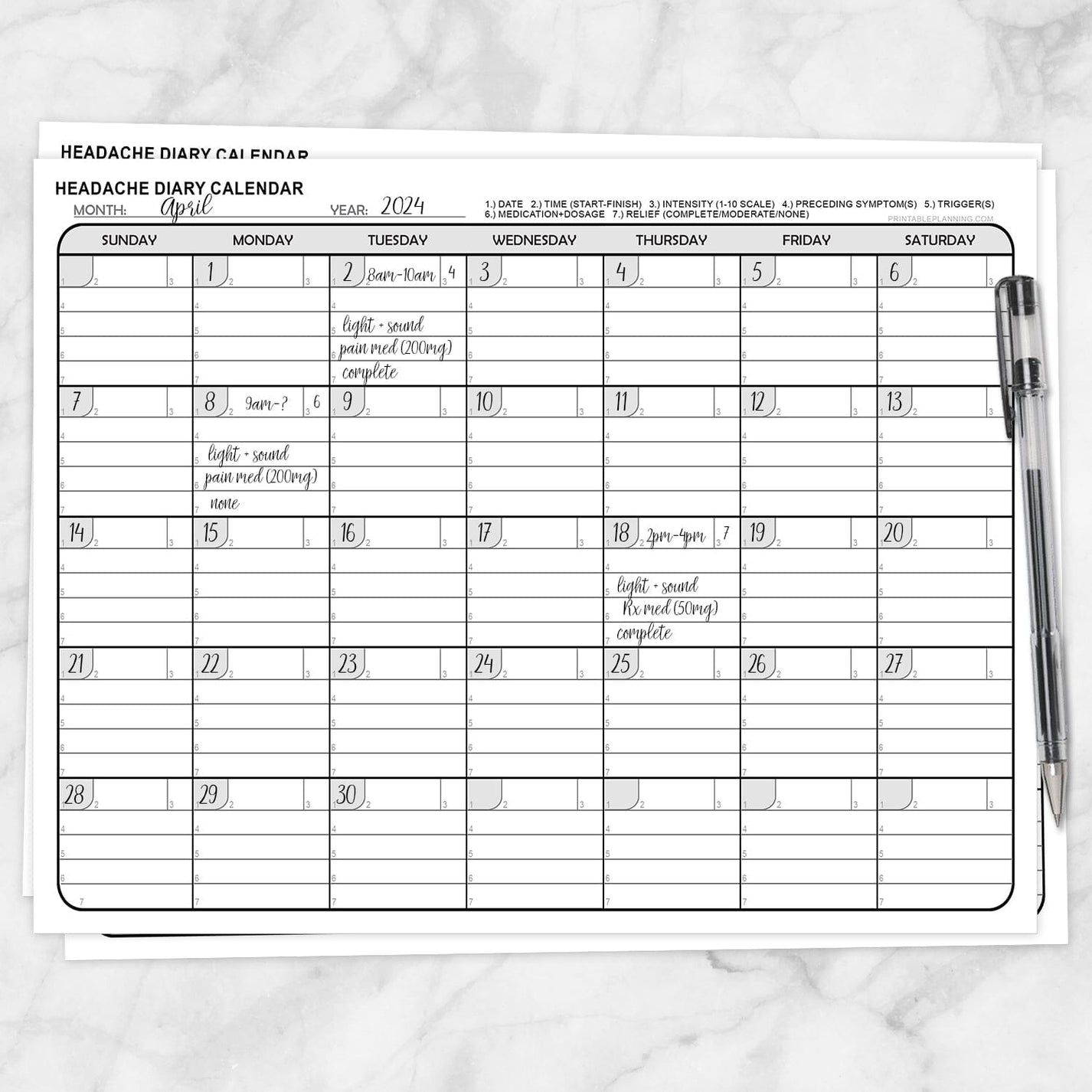Headache Diary Calendar Printable PDF | Migraine & Pain Tracker ...