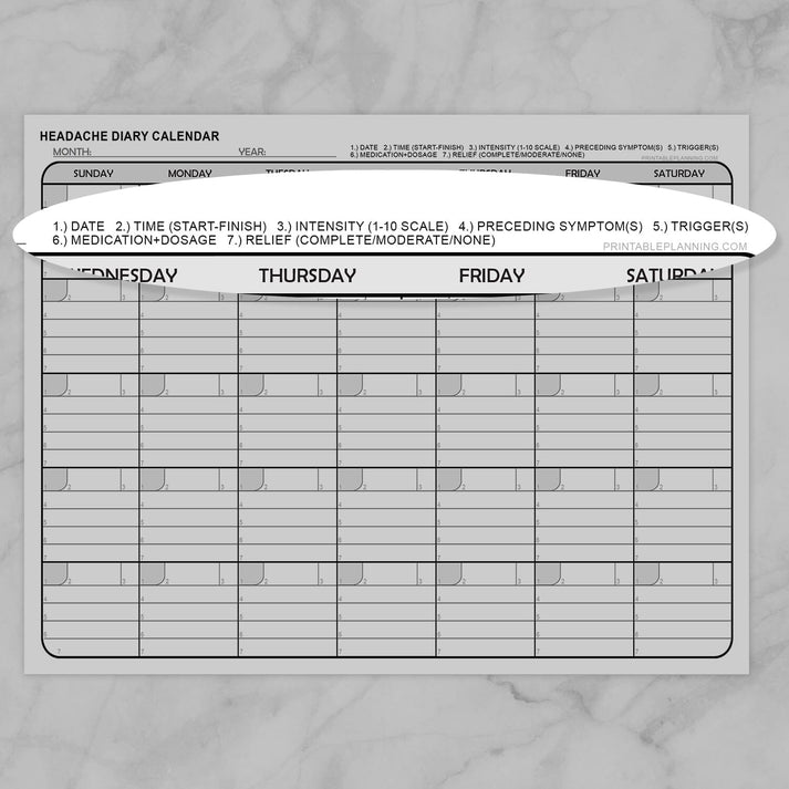 Headache Diary Calendar | Printable Migraine Tracker PDF – Printable ...