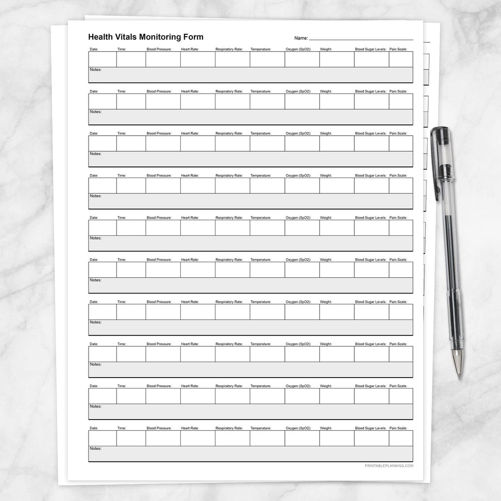 Health Vitals Monitoring Form Printable PDF | Caregiver Tracker ...