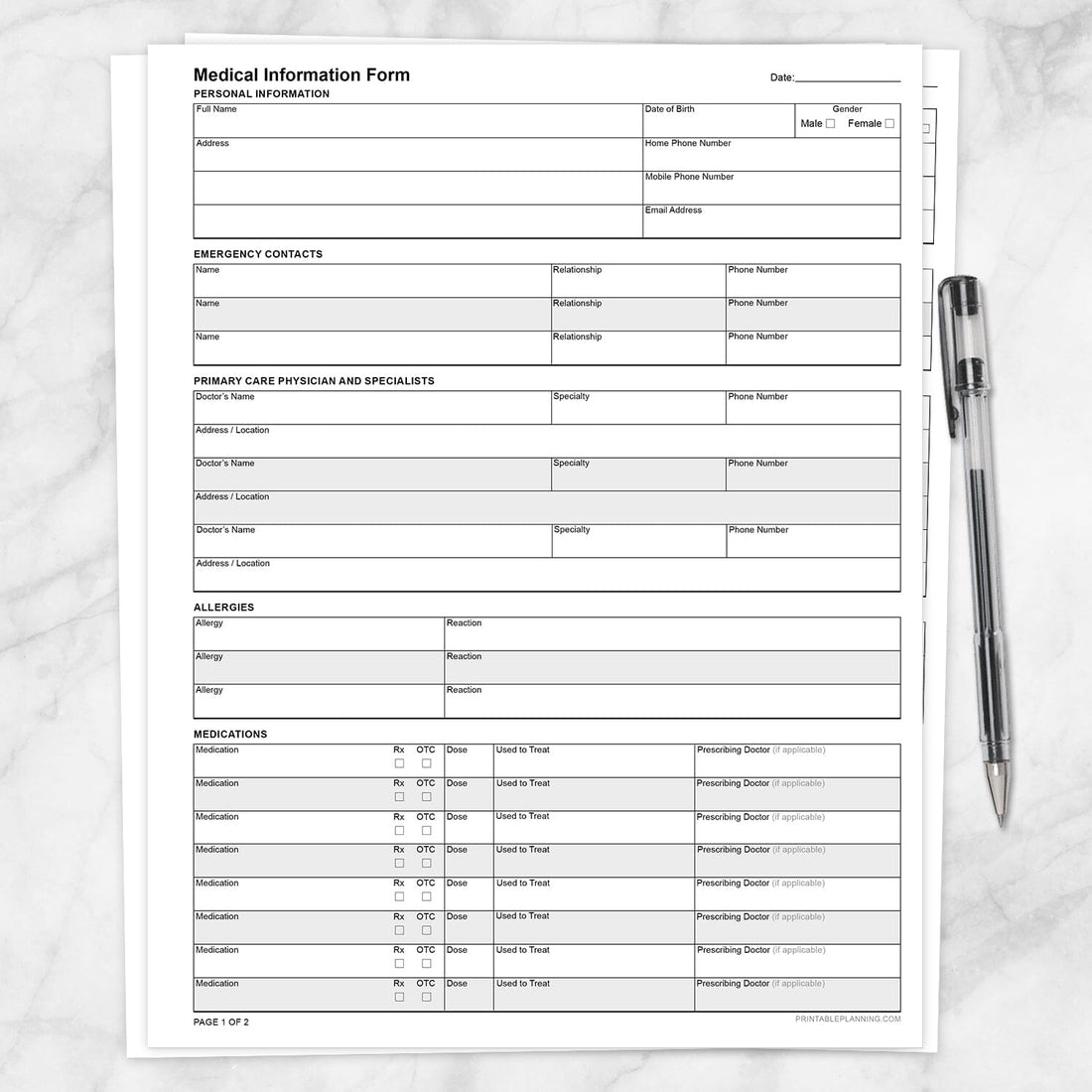 Medical Information Form Printable PDF | Personal Health Tracker ...