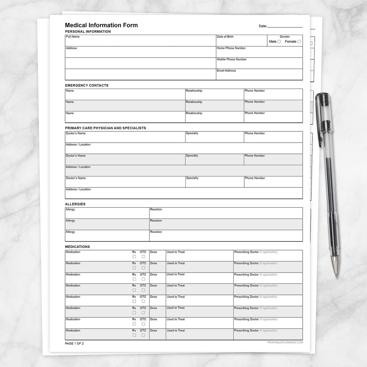 Medical Information Form Printable PDF | Personal Health Tracker ...