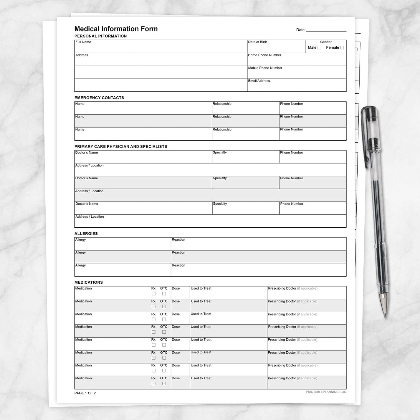 Medical Information Form Printable PDF | Personal Health Tracker ...