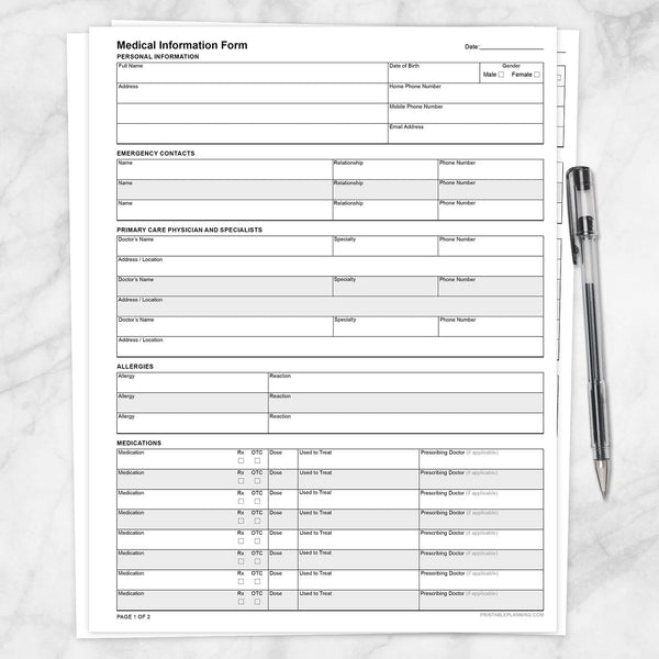 Medical Information Form Printable PDF | Personal Health Tracker ...