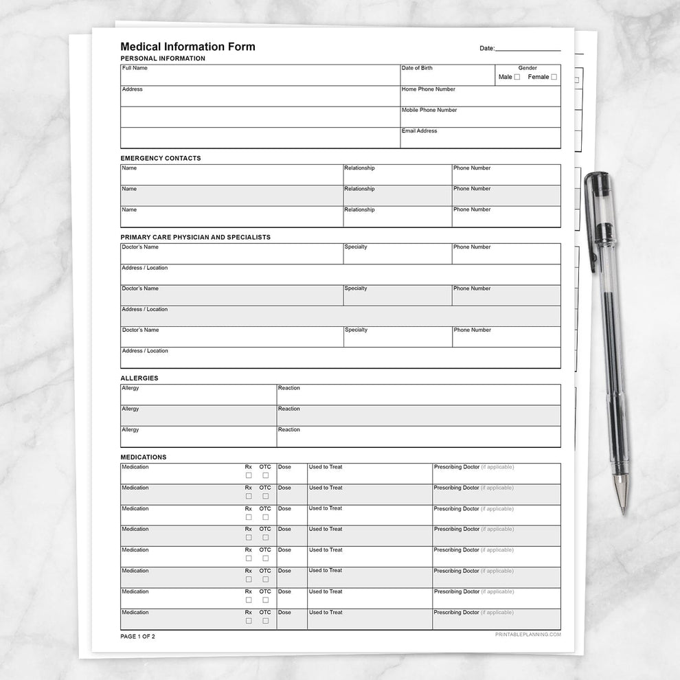 Medical Information Form Printable PDF | Personal Health Tracker ...