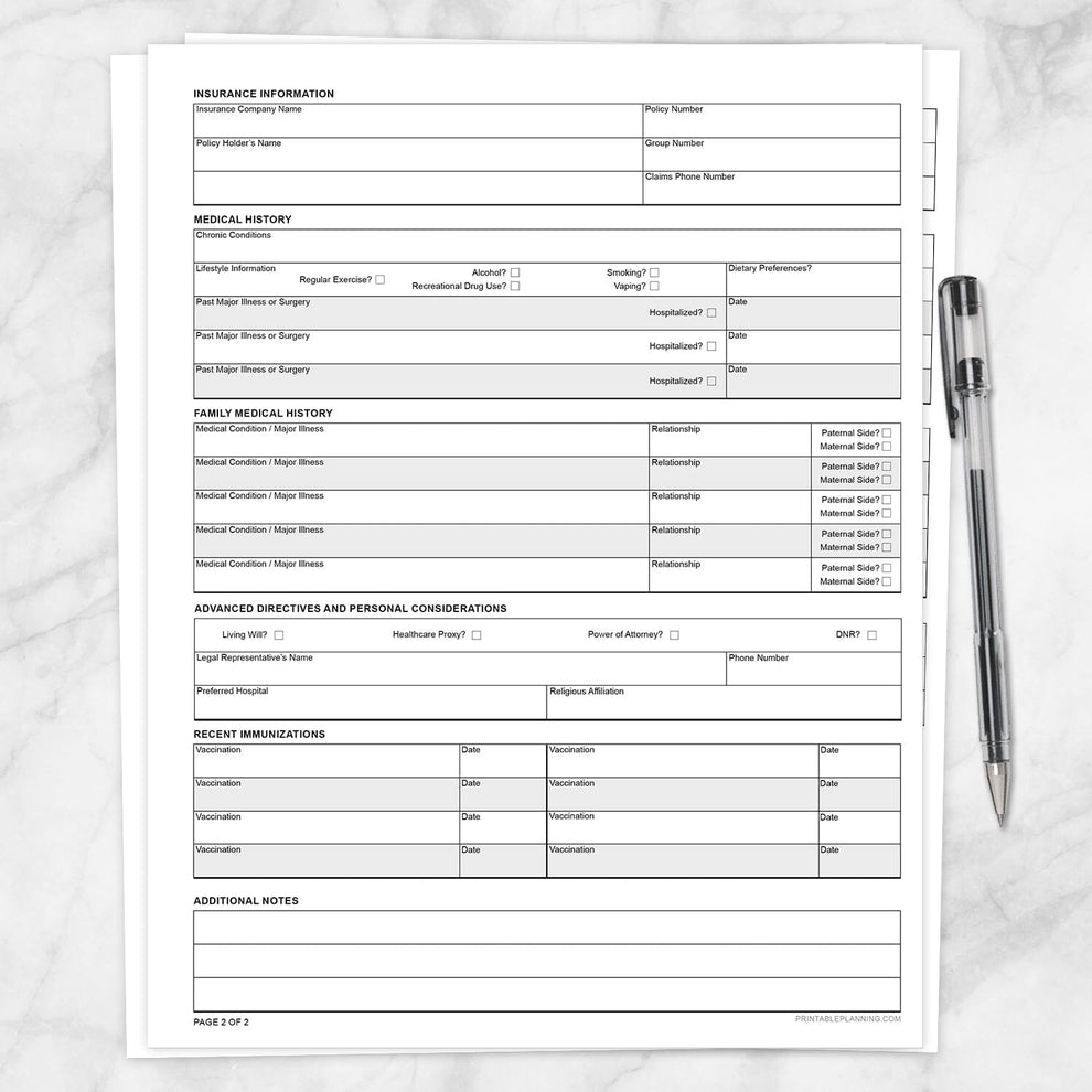 Medical Information Form Printable PDF | Personal Health Tracker ...