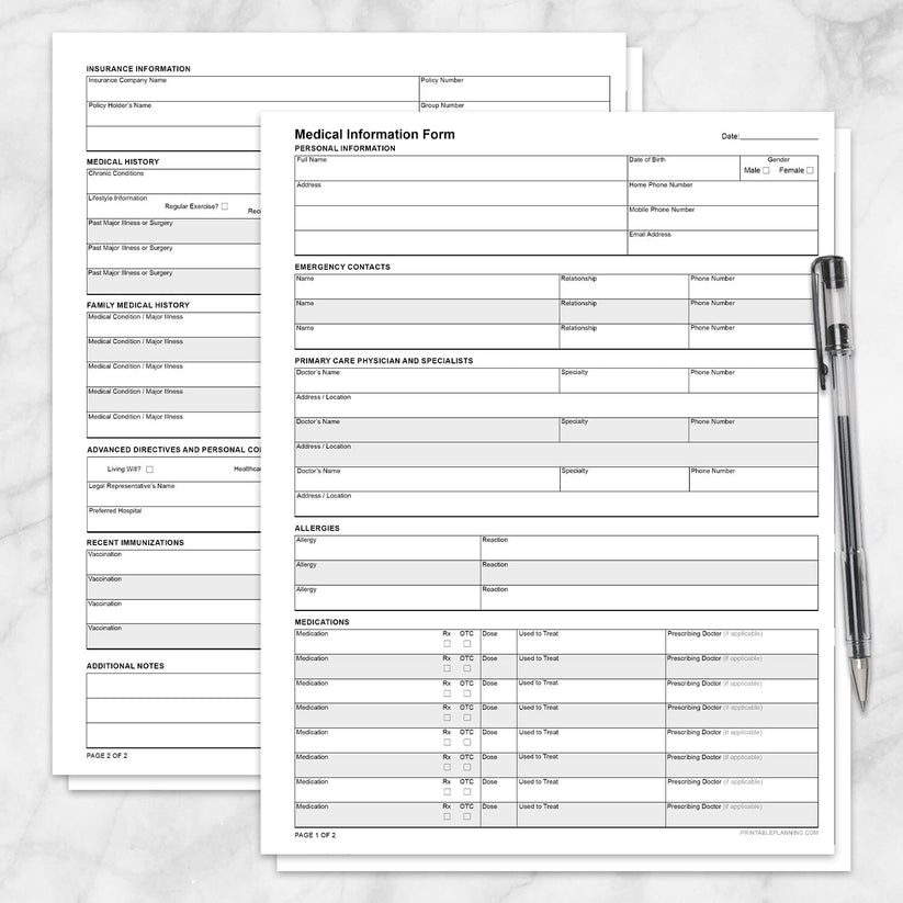 Medical Information Form Printable PDF | Personal Health Tracker ...