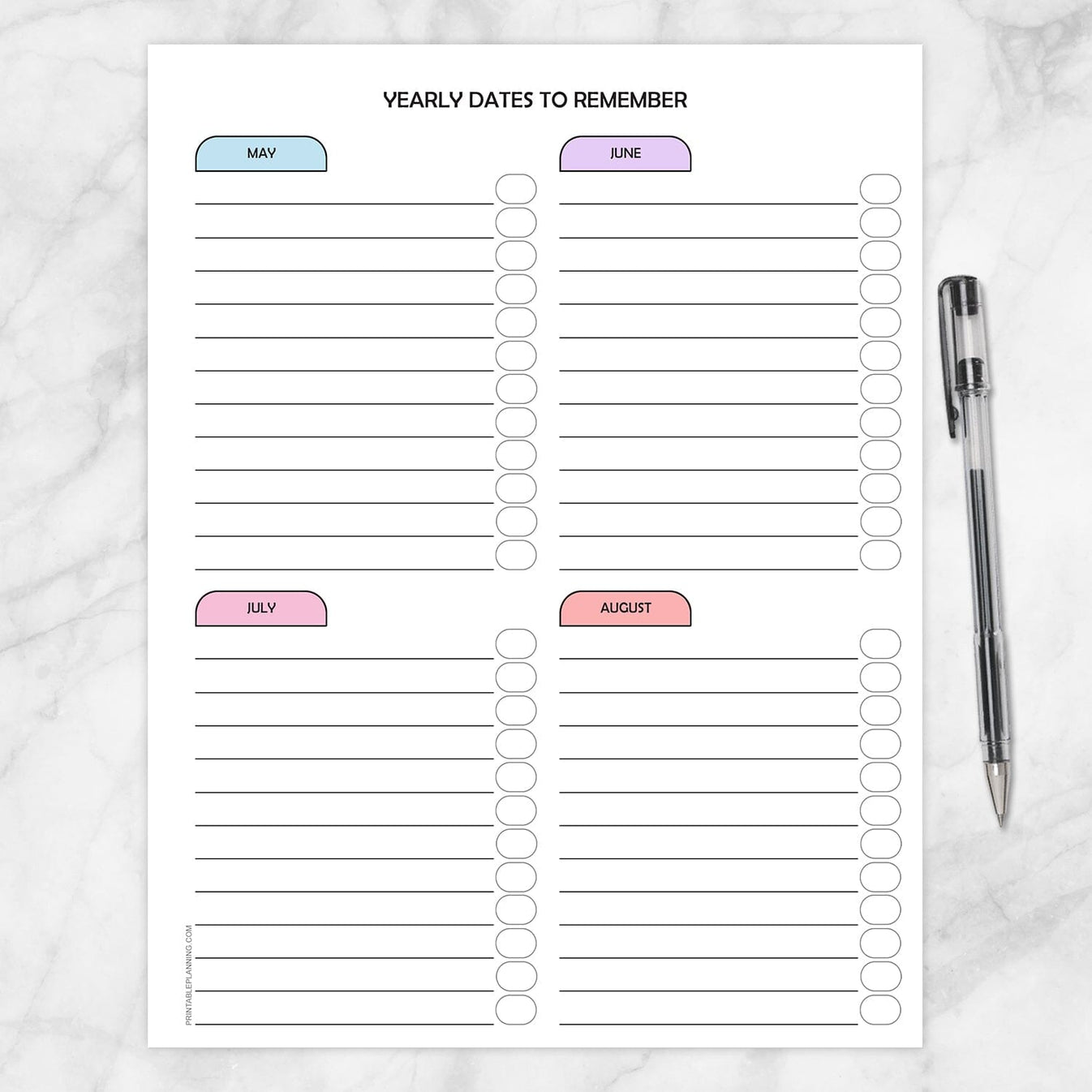 Modern Yearly Dates to Remember Pages - Printable – Printable Planning