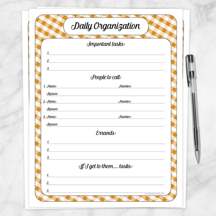 Orange Gingham Daily Organization Category Task Sheet - Printable ...