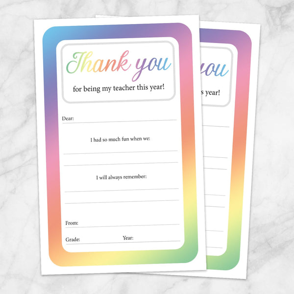 Colorful Teacher Thank You Notes | Printable PDF Cards for Kids ...