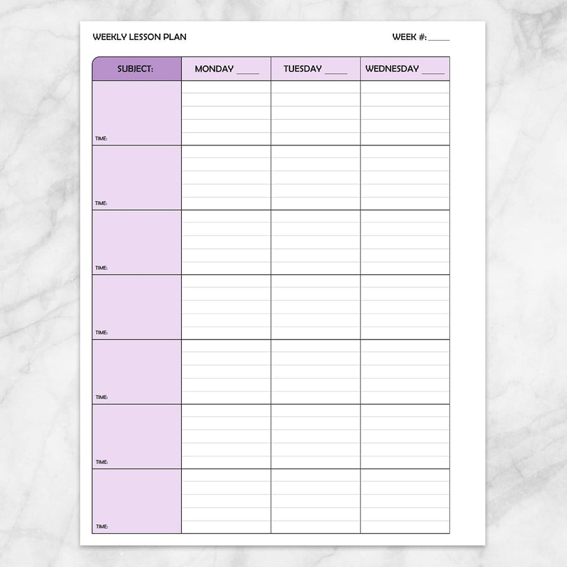 Purple Weekly Lesson Plan for Teachers | 7-Day School Planning Pages ...