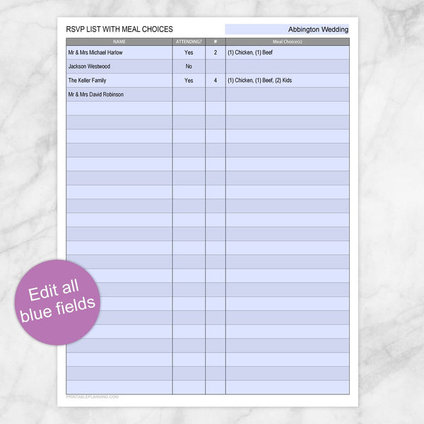 Printable RSVP List with Meal Choices for Weddings and Events ...