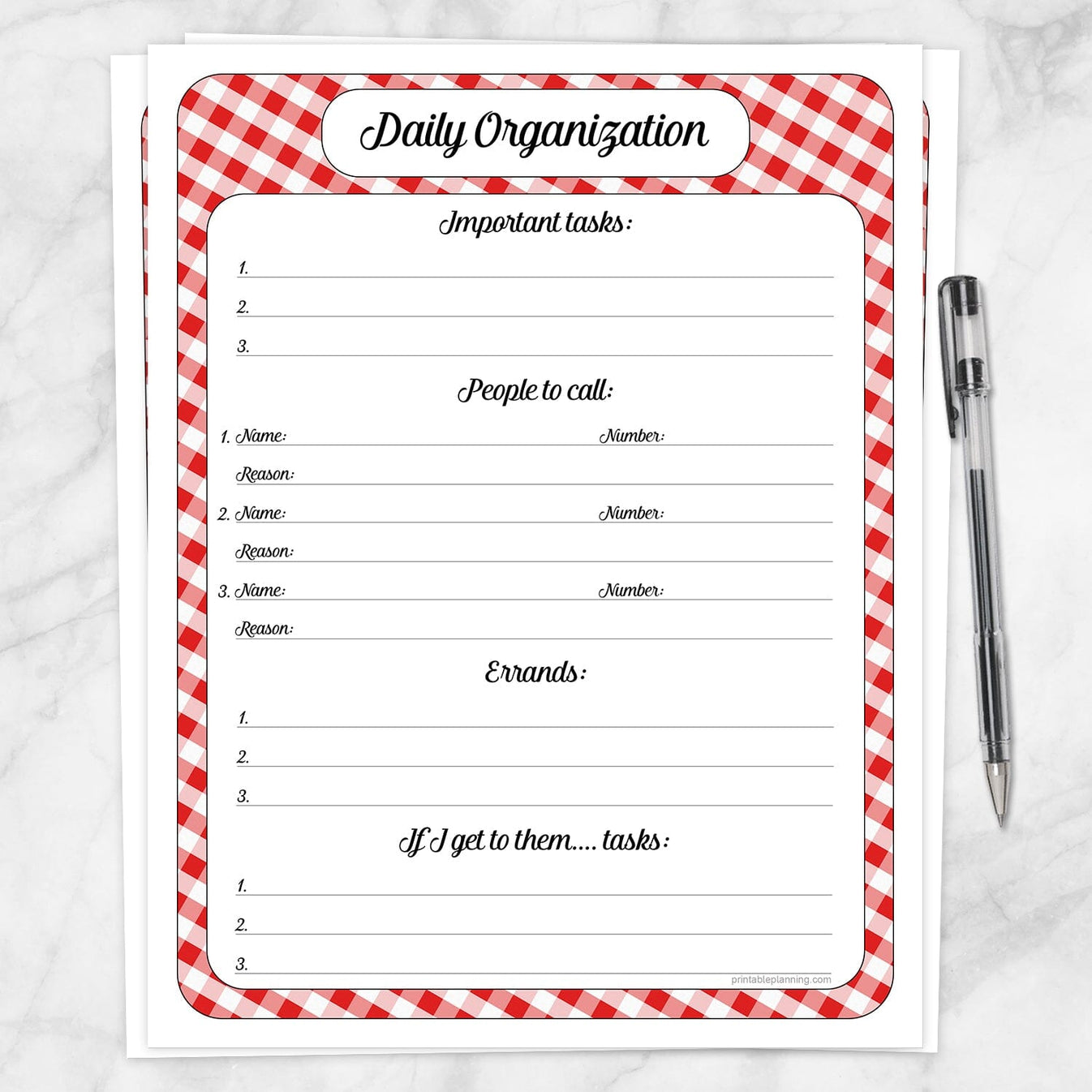 Red Gingham Daily Organization Category Task Sheet - Printable at ...
