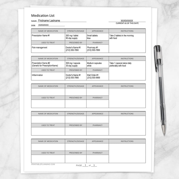 Medication List | Organize Prescription Medicines | Printable PDF ...