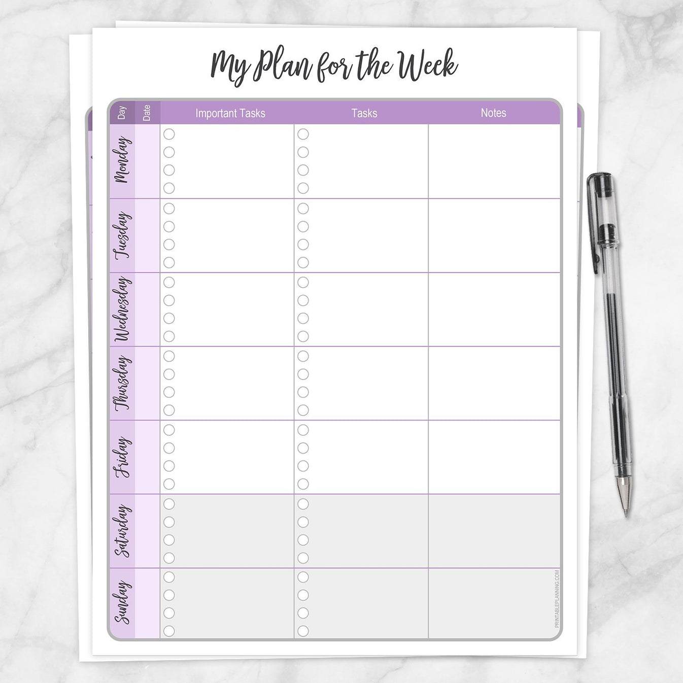 My Plan for the Week, Purple Weekly Planner Page - Printable ...