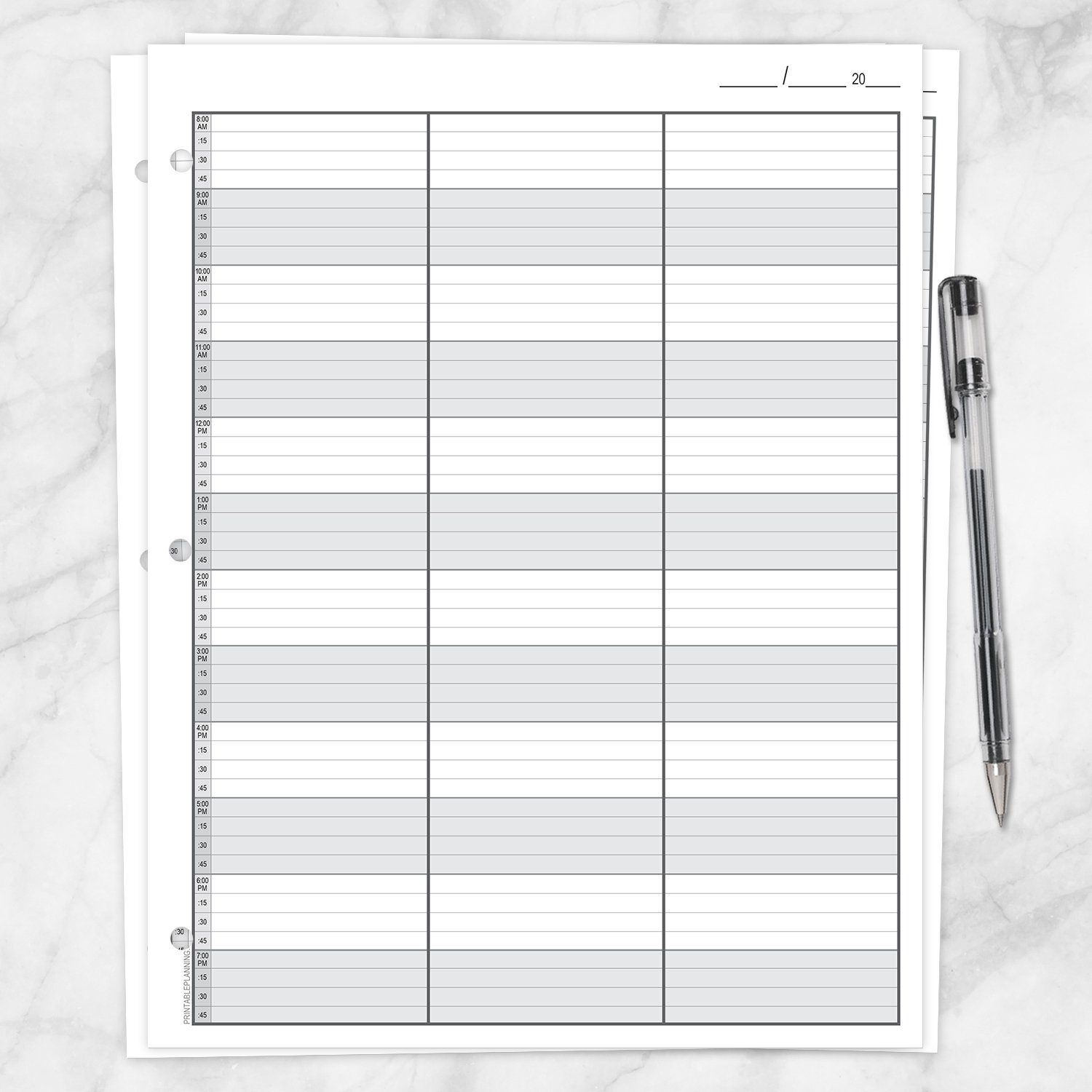 Schedule Sheet in 15 Minute Increments, 3 columns, front and back - Pr ...