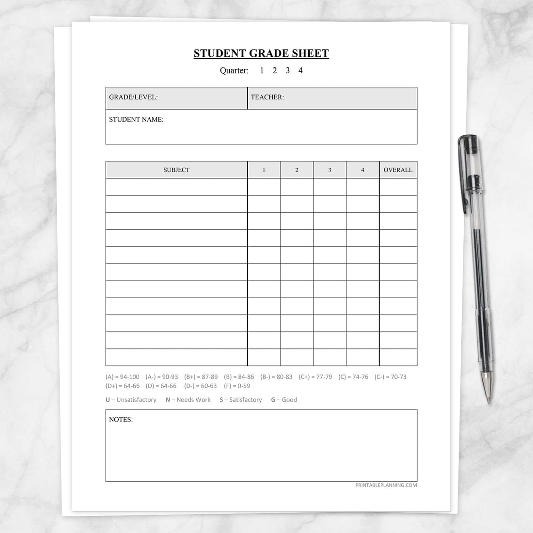 Student Grade Sheet - Quarters or Trimesters - Printable – Printable ...