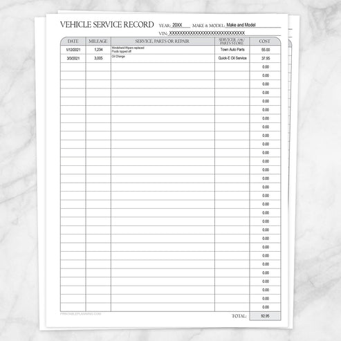 Vehicle Service Record with Auto-Calculating Total | Printable PDF ...