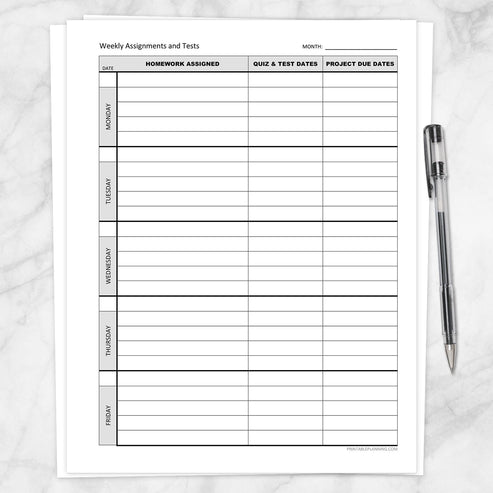 Weekly School Assignments and Tests Sheet - Printable – Printable Planning