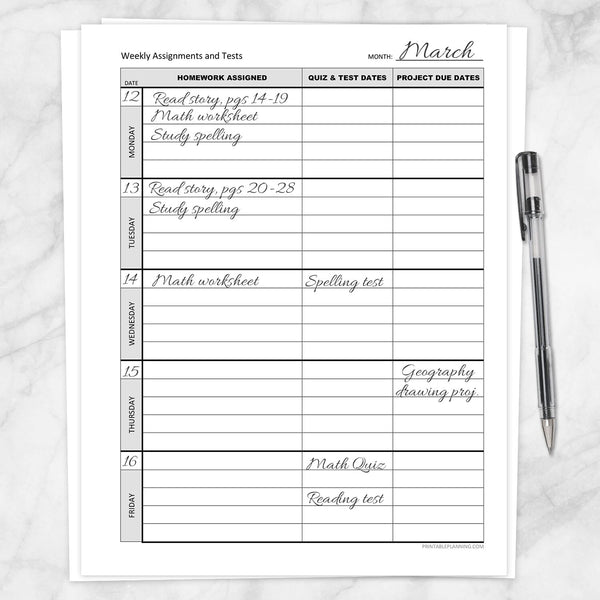 Weekly School Assignments and Tests Sheet - Printable – Printable Planning