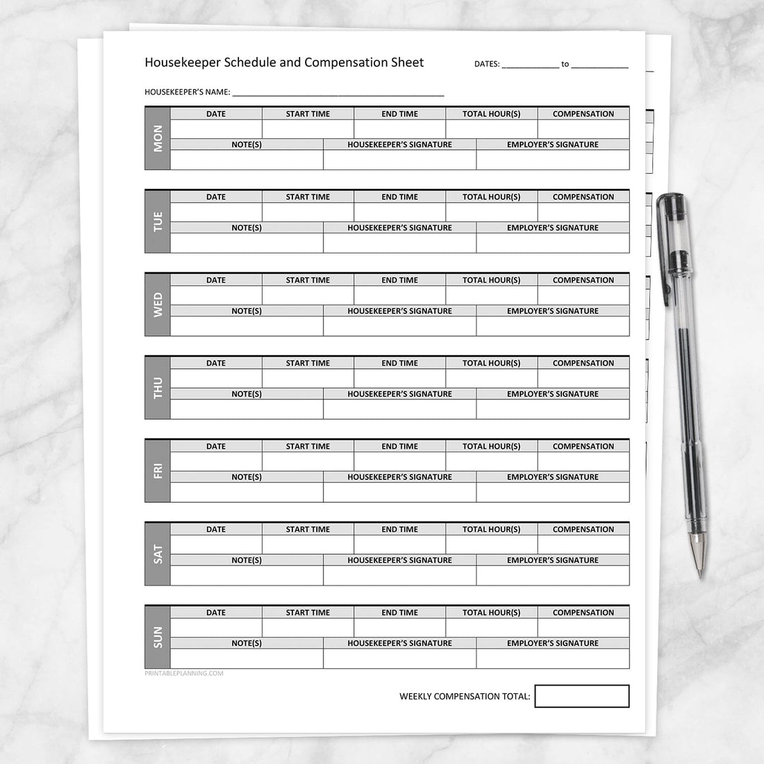 Housekeeper Schedule and Compensation Sheet - Printable at Printable ...